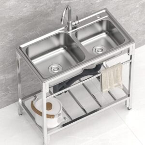 Stainless Steel Utility Sink Double Bowl, Freestanding Commercial Restaurant Sink Anti-overflow with Faucet & Shelves for Garden, Kitchen, Laundry Room, Garage, Outdoor, 31.5"×17"×29.5"