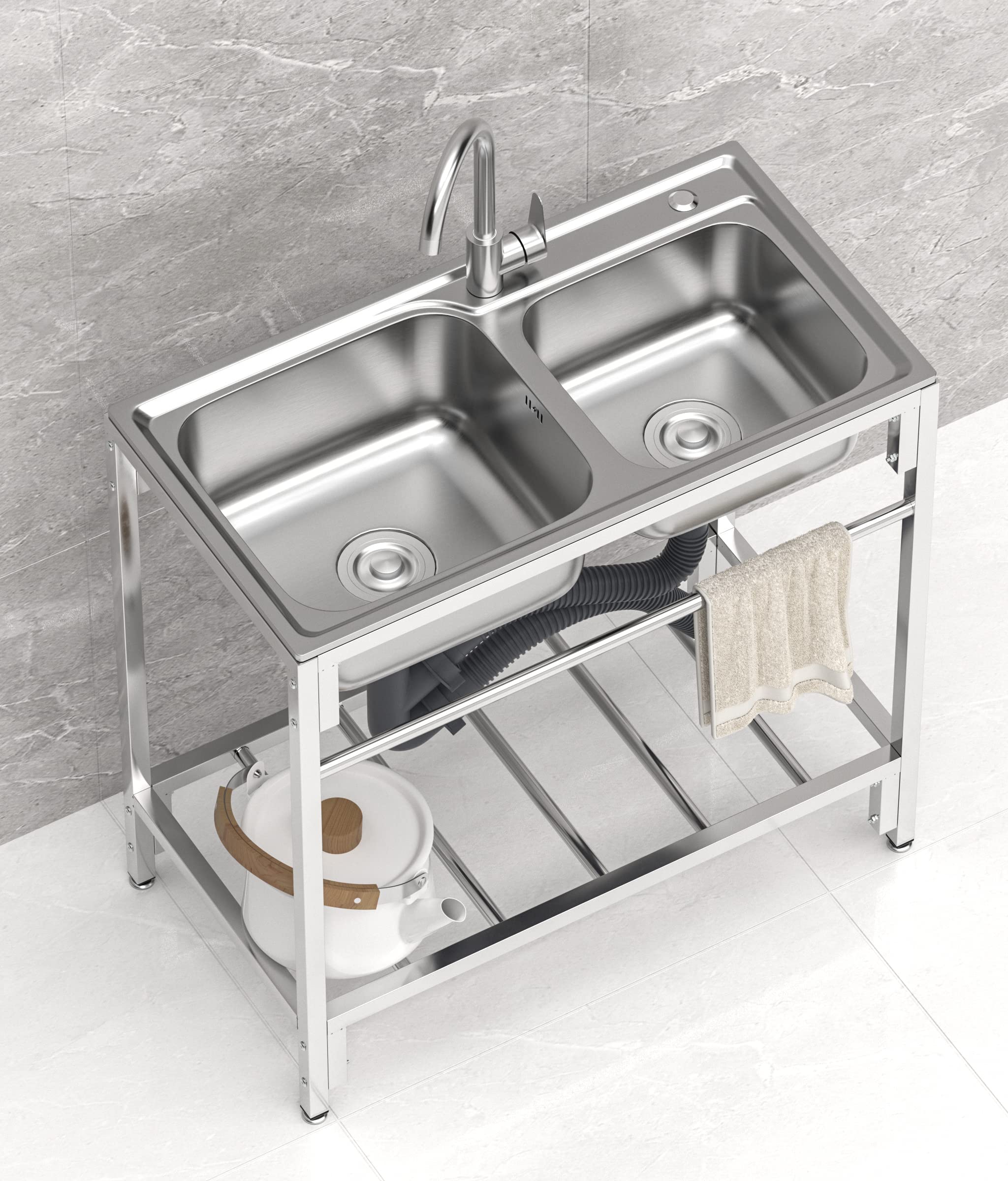 Stainless Steel Utility Sink Double Bowl, Freestanding Commercial Restaurant Sink Anti-overflow with Faucet & Shelves for Garden, Kitchen, Laundry Room, Garage, Outdoor, 31.5"×17"×29.5"