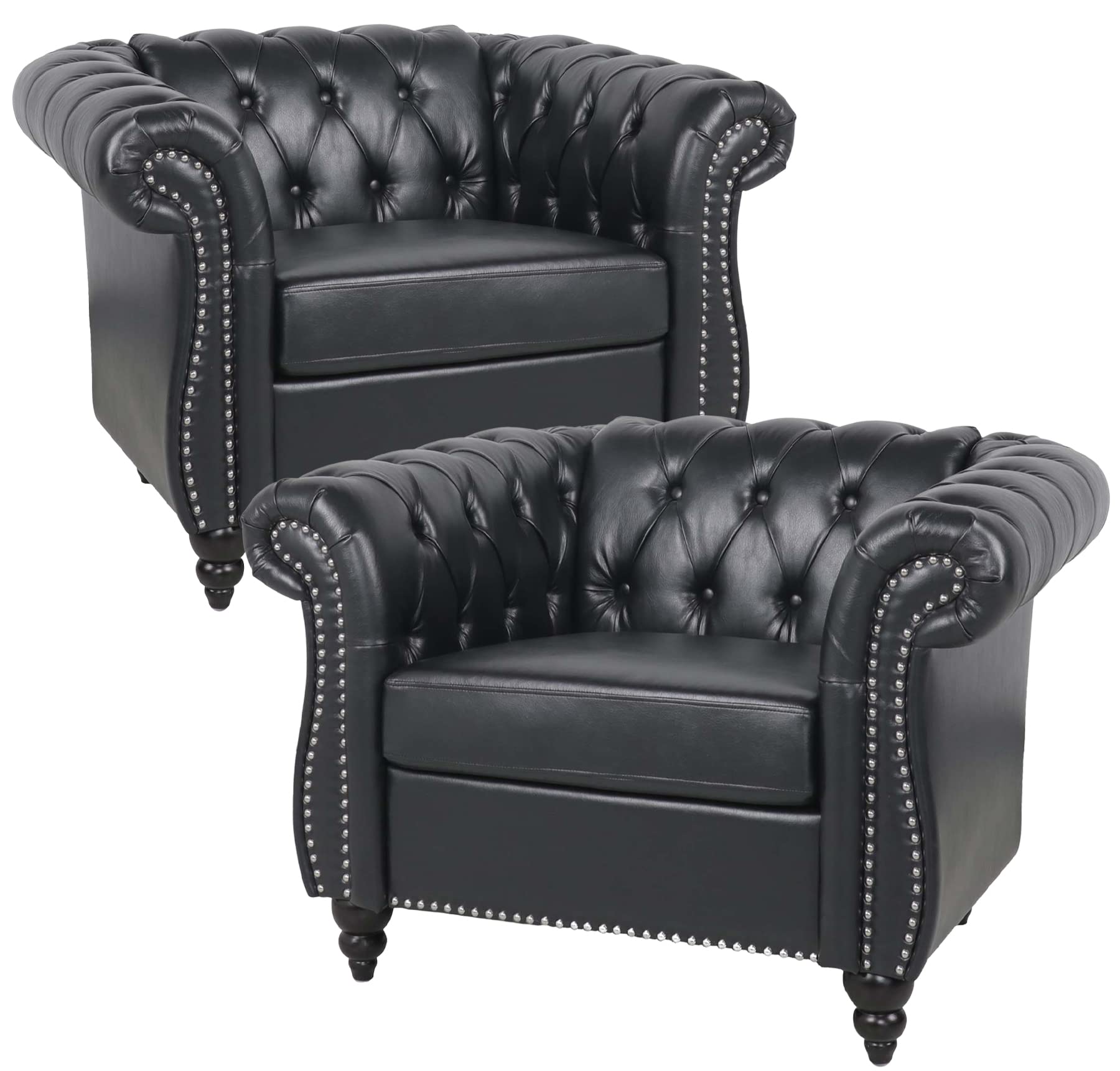 Wlvos Leather Chesterfield Chair Set of 2, Accent Single Sofa Chair Modern Leather Upholstered Chair with Tufted Back for Living Room Club (Black)