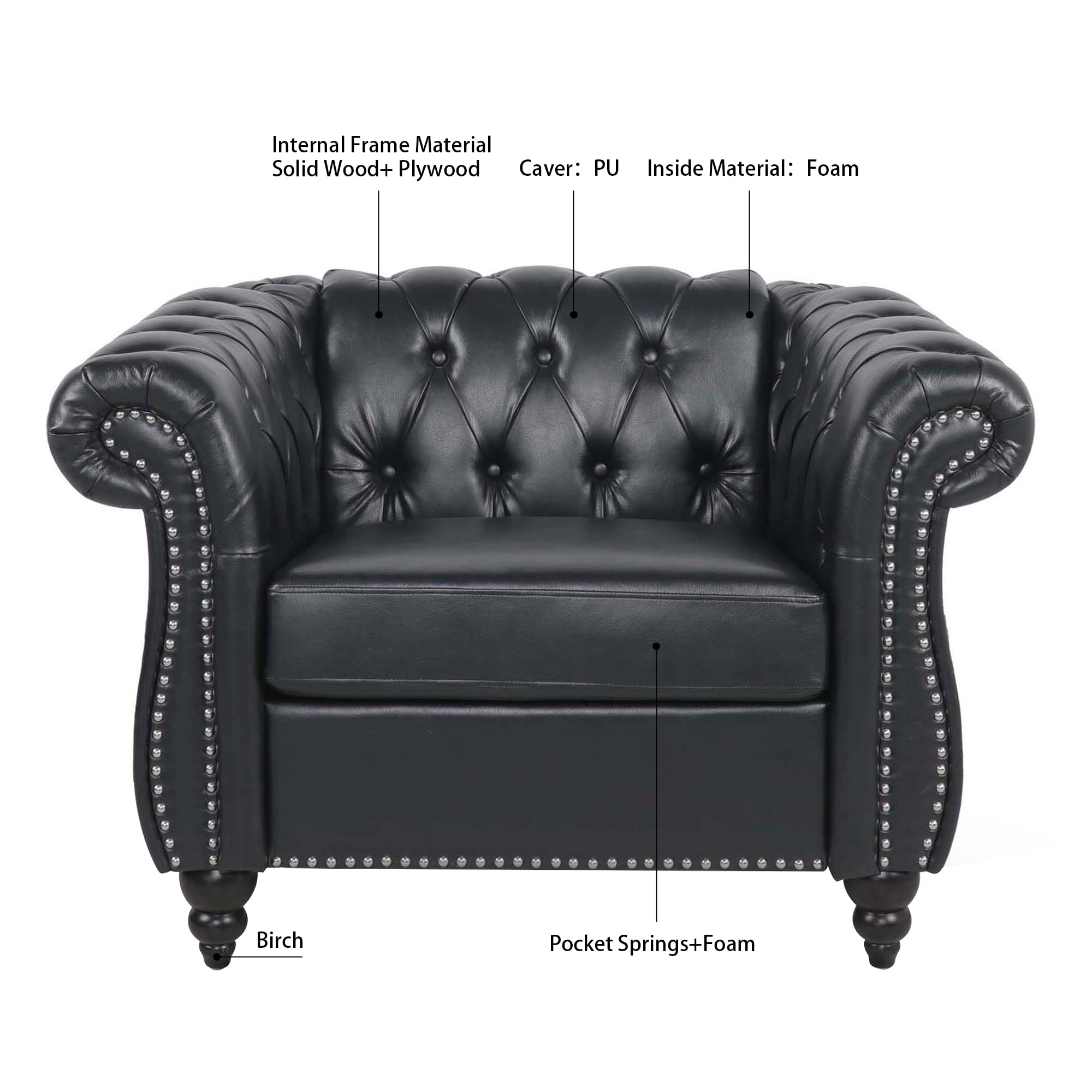 Wlvos Leather Chesterfield Chair Set of 2, Accent Single Sofa Chair Modern Leather Upholstered Chair with Tufted Back for Living Room Club (Black)