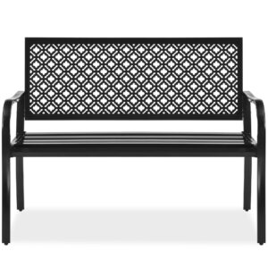 best choice products outdoor bench 2-person metal steel benches furniture for garden, patio, porch, entryway w/geometric backrest, 790lb capacity – black