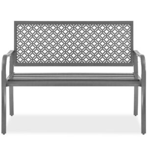 best choice products outdoor bench 2-person metal steel benches furniture for garden, patio, porch, entryway w/geometric backrest, 790lb capacity – gray