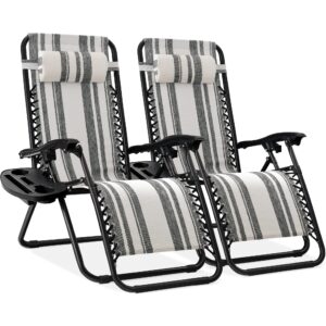 best choice products set of 2 adjustable steel mesh zero gravity lounge chair recliners w/pillows and cup holder trays - gray stripes