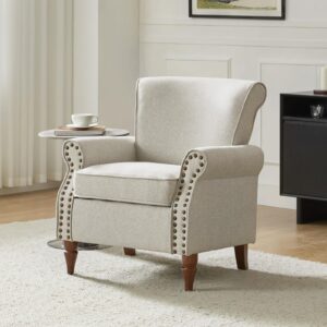 hulala home modern accent chair with wood legs & removable cushion, wingback small armchair with nailhead trim, comfy upholstered lounge chair for living room bedroom, oatmeal