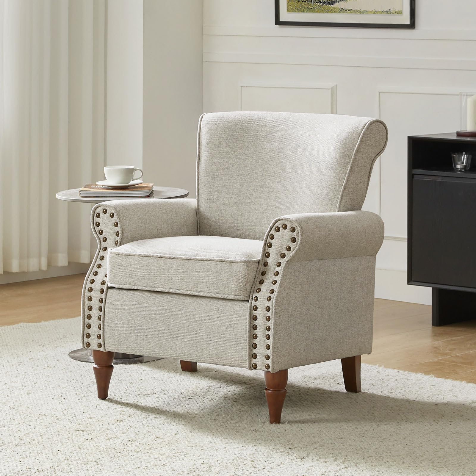 HULALA HOME Modern Accent Chair with Wood Legs & Removable Cushion, Wingback Small Armchair with Nailhead Trim, Comfy Upholstered Lounge Chair for Living Room Bedroom, Oatmeal