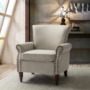 HULALA HOME Modern Accent Chair with Wood Legs & Removable Cushion, Wingback Small Armchair with Nailhead Trim, Comfy Upholstered Lounge Chair for Living Room Bedroom, Oatmeal