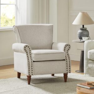 HULALA HOME Modern Accent Chair with Wood Legs & Removable Cushion, Wingback Small Armchair with Nailhead Trim, Comfy Upholstered Lounge Chair for Living Room Bedroom, Oatmeal