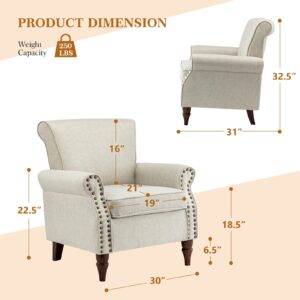 HULALA HOME Modern Accent Chair with Wood Legs & Removable Cushion, Wingback Small Armchair with Nailhead Trim, Comfy Upholstered Lounge Chair for Living Room Bedroom, Oatmeal