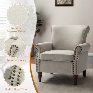 HULALA HOME Modern Accent Chair with Wood Legs & Removable Cushion, Wingback Small Armchair with Nailhead Trim, Comfy Upholstered Lounge Chair for Living Room Bedroom, Oatmeal