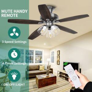 YITAHOME Farmhouse Ceiling Fan with Light and Remote, 52 Inch Low Profile Flush Mount Ceiling Fan with Clear Seeded Glass Light Kit, Quiet Reversible Motor, 3 Speed, Timer, Oak and Sliver