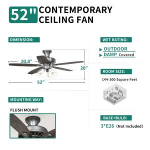 YITAHOME Farmhouse Ceiling Fan with Light and Remote, 52 Inch Low Profile Flush Mount Ceiling Fan with Clear Seeded Glass Light Kit, Quiet Reversible Motor, 3 Speed, Timer, Oak and Sliver