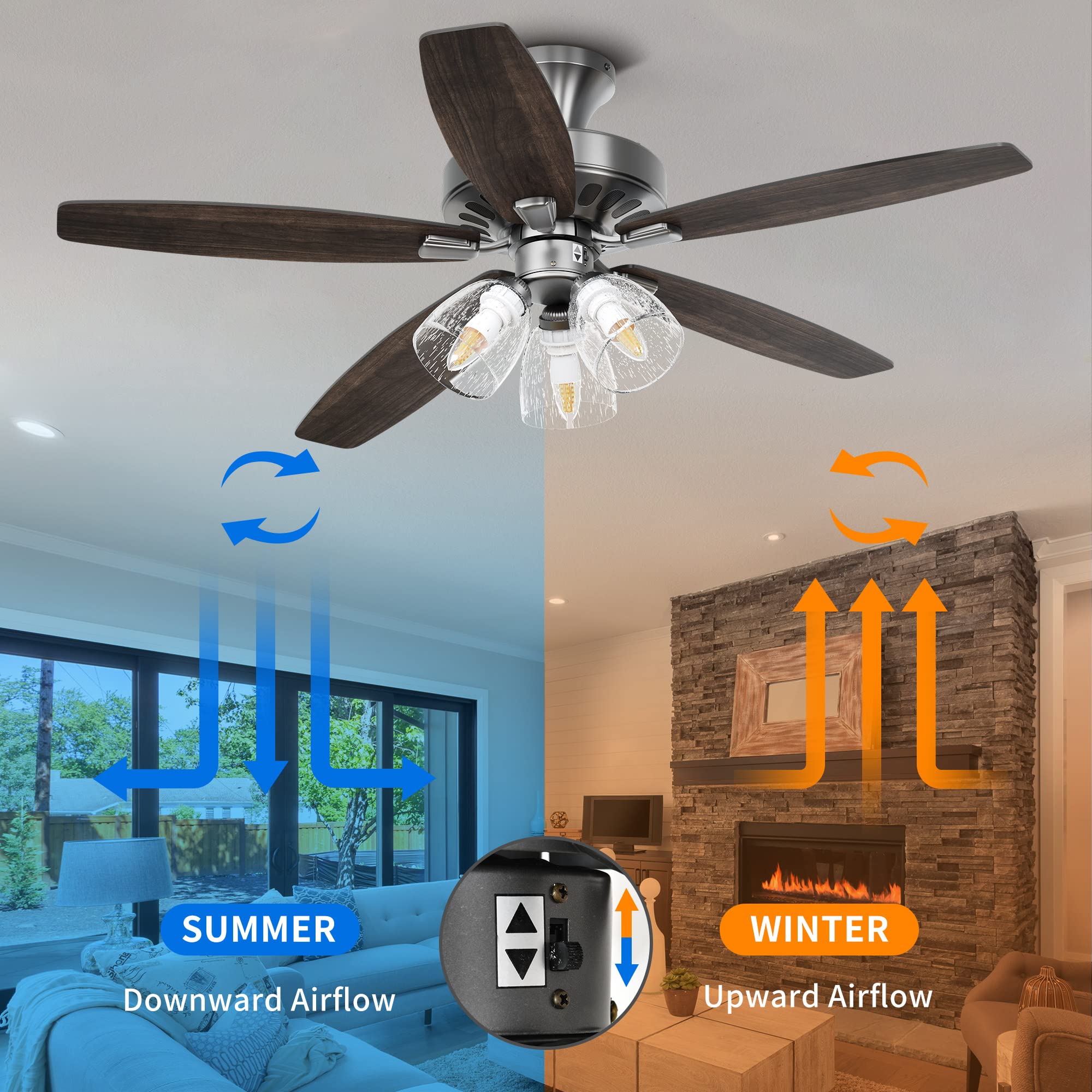 YITAHOME Farmhouse Ceiling Fan with Light and Remote, 52 Inch Low Profile Flush Mount Ceiling Fan with Clear Seeded Glass Light Kit, Quiet Reversible Motor, 3 Speed, Timer, Oak and Sliver