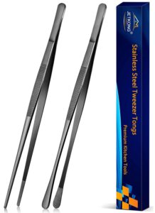 jetkong 2 pcs 12-inch kitchen tweezers tongs with precision serrated tips, stainless steel chef tweezer professional cooking tweezers for bbq, plating and serving (12-inch, black)