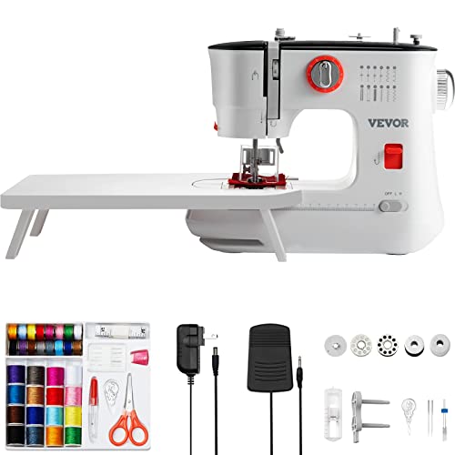 VEVOR Sewing Machine, Portable Sewing Machine for Beginners with 12 Built-in Stitches & Reverse Sewing, Dual Speed Kids Sewing Machine with Extension Table Foot Pedal, Accessory Kit Family Home Travel