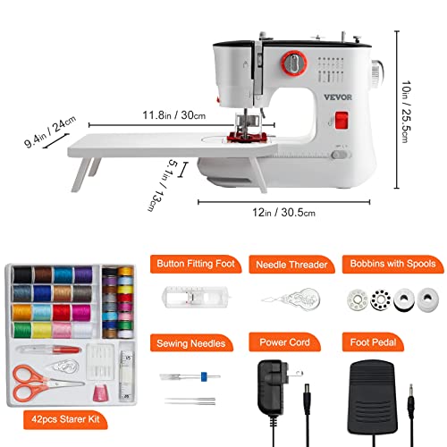 VEVOR Sewing Machine, Portable Sewing Machine for Beginners with 12 Built-in Stitches & Reverse Sewing, Dual Speed Kids Sewing Machine with Extension Table Foot Pedal, Accessory Kit Family Home Travel