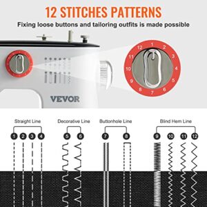 VEVOR Sewing Machine, Portable Sewing Machine for Beginners with 12 Built-in Stitches & Reverse Sewing, Dual Speed Kids Sewing Machine with Extension Table Foot Pedal, Accessory Kit Family Home Travel