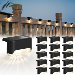 jackyled solar deck lights 16 pack solar fence light solar powered outdoor step light ip65 waterproof led solar pathway light for deck fence railing garden patio stairyard, black