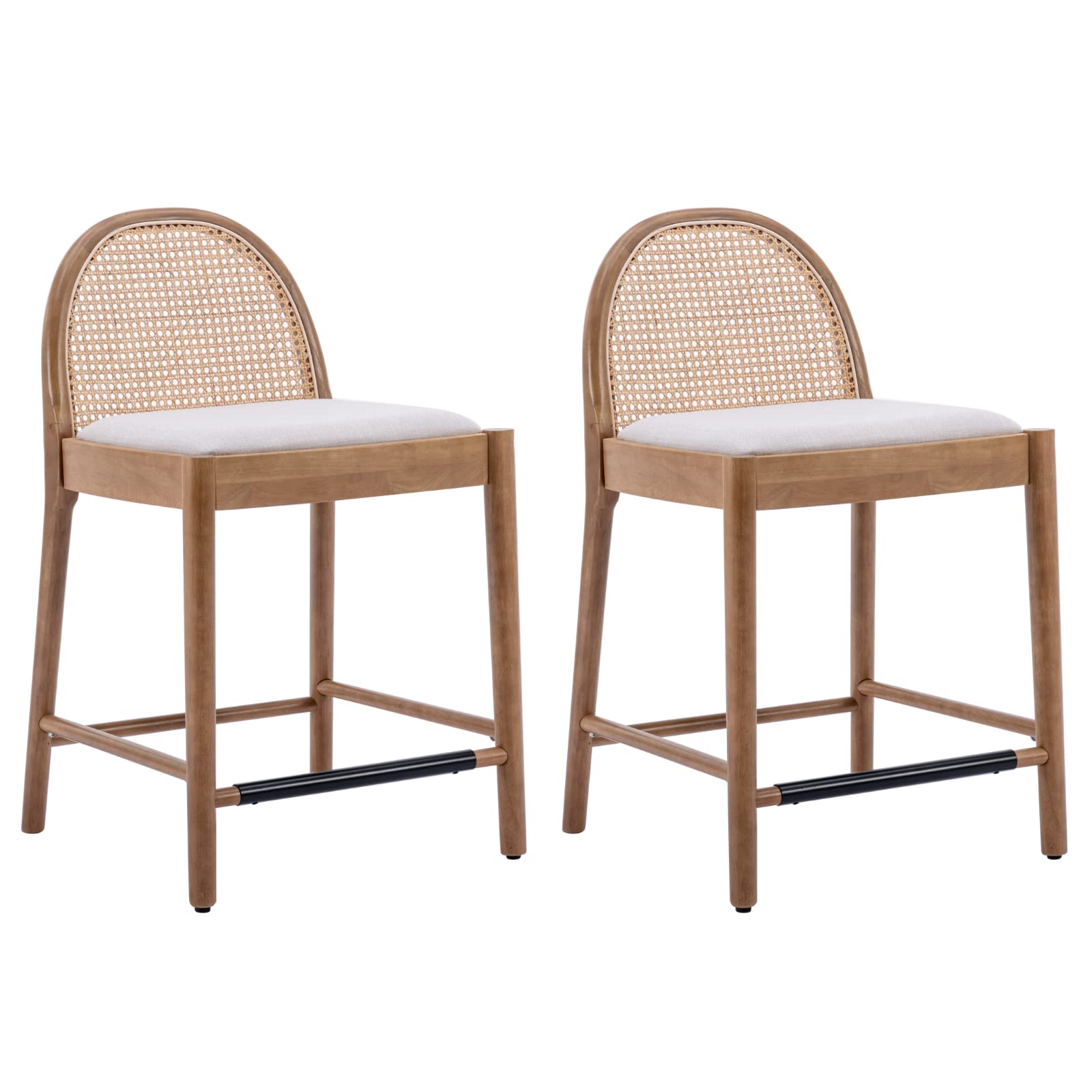 HEAH-YO Modern Counter Stools Set of 2, 26 Inches Counter Height Bar Stools with Rattan Backrests and Wood Frame, Comfy Kitchen Stools for Island, Beige