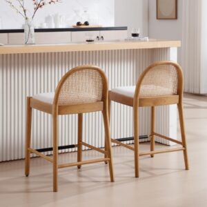 HEAH-YO Modern Counter Stools Set of 2, 26 Inches Counter Height Bar Stools with Rattan Backrests and Wood Frame, Comfy Kitchen Stools for Island, Beige