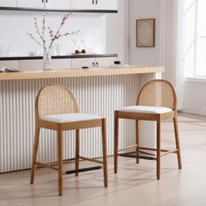 HEAH-YO Modern Counter Stools Set of 2, 26 Inches Counter Height Bar Stools with Rattan Backrests and Wood Frame, Comfy Kitchen Stools for Island, Beige