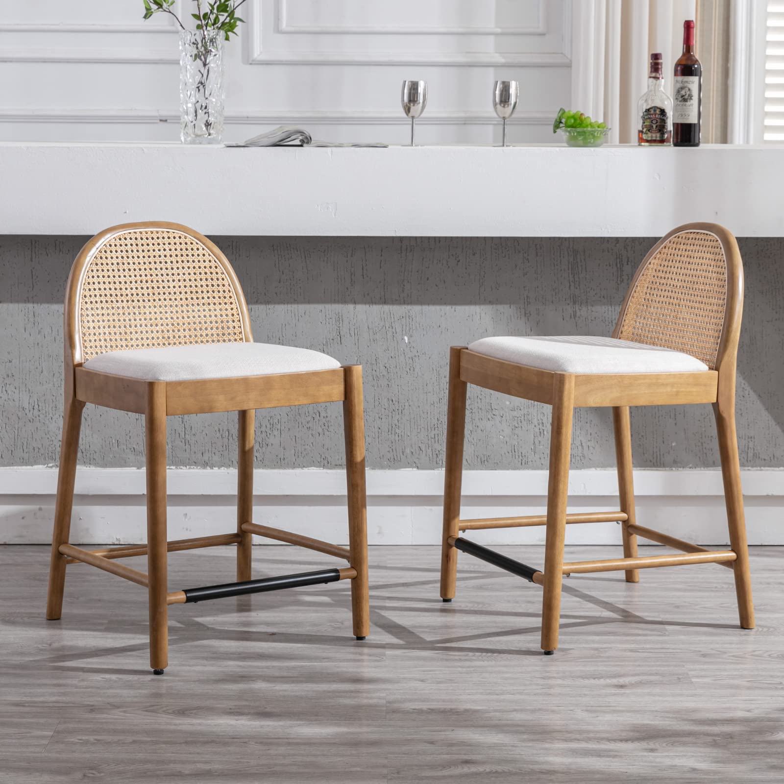 HEAH-YO Modern Counter Stools Set of 2, 26 Inches Counter Height Bar Stools with Rattan Backrests and Wood Frame, Comfy Kitchen Stools for Island, Beige