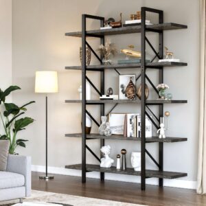 yitahome book shelf，5 tier bookcase, 12" d x 47" w x 71" h large industrial shelf storage organizer for living room, bedroom,home office, free standing storage shelving unit, charcoal gray + black