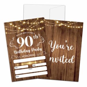 clirbe 90th birthday invitations, 1933 birthday party invitations for women men, 90 year old birthday invites, rustic wood theme birthday party decorations, 20 invitations with 20 envelopes - a01