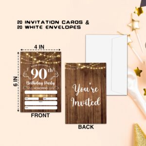 CLIRBE 90th Birthday Invitations, 1933 Birthday Party Invitations For Women Men, 90 Year Old Birthday Invites, Rustic Wood Theme Birthday Party Decorations, 20 Invitations with 20 Envelopes - A01