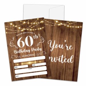 clirbe 60th birthday invitations, 1963 birthday party invitations for women men, 60 year old birthday invites, rustic wood theme birthday party decorations, 20 invitations with 20 envelopes - a04