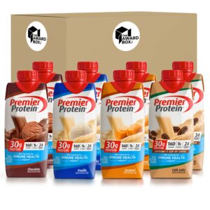 premier protein high protein shakes variety sampler pack 11 fl. oz each - cafe latte, chocolate, vanilla, caramel - 2 of each flavor (8 pack) in the award box packaging