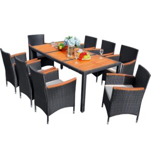 flamaker 9 piece patio dining set outdoor acacia wood table and chairs with soft cushions wicker patio furniture for deck, backyard, garden