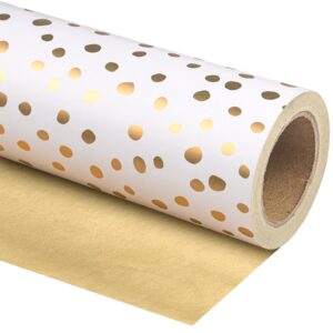 wrapaholic reversible wrapping paper - mini roll - 17 inch x 33 feet - gold print and delicate polka dots design for birthday, holiday, wedding, baby shower