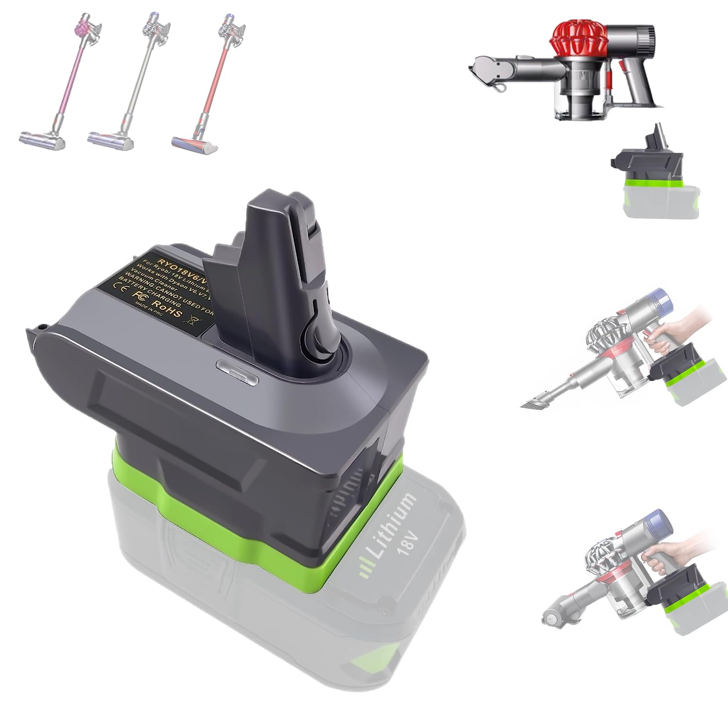 URUN 【New Version】 3-in-1 Battery Adapter for Dyson V6+V7+V8 Vacuum Cleaner, Vacuum Adapter for Ryobi 18V Convert to for Dyson V6 V7 V8 Animal Absolute Stick Handheld Vacuum Cleaners(No Battery)