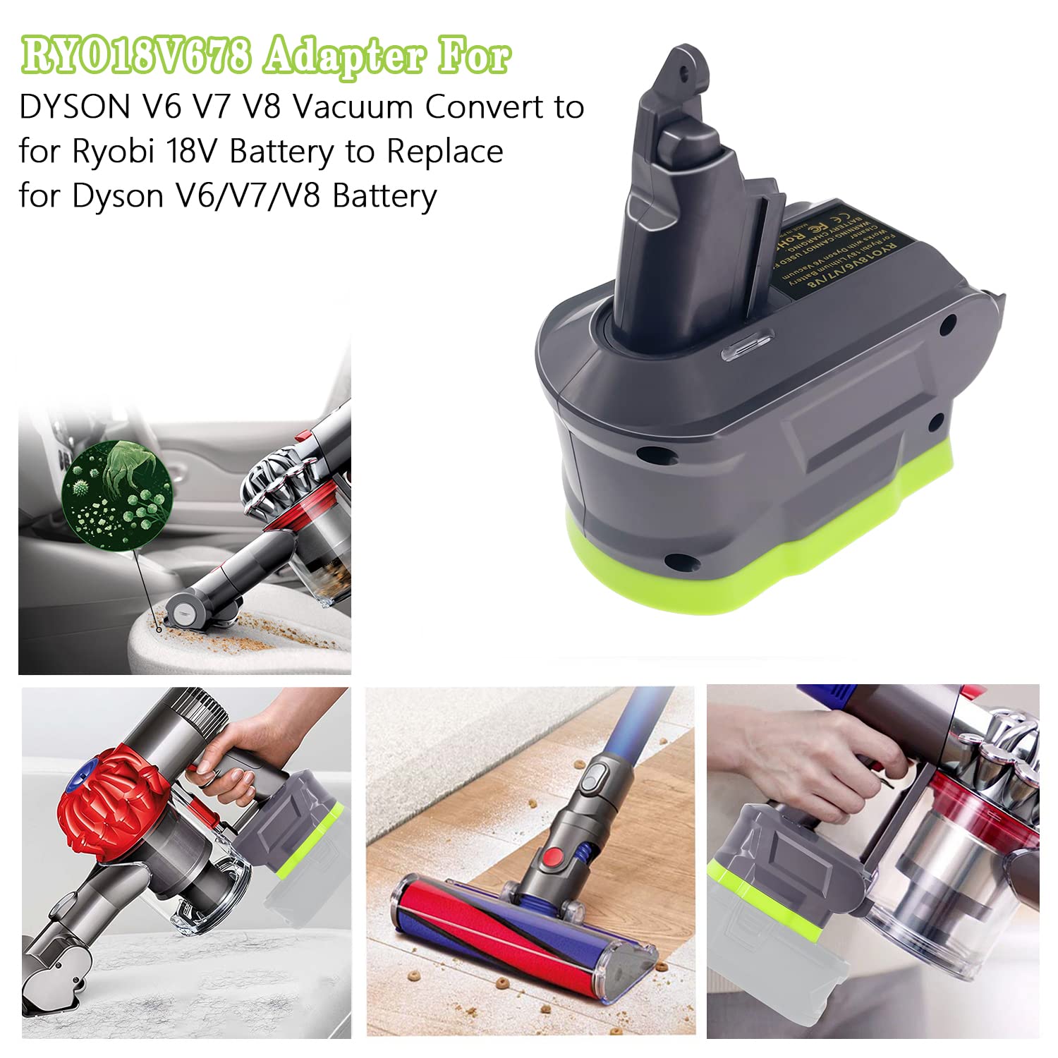 URUN 【New Version】 3-in-1 Battery Adapter for Dyson V6+V7+V8 Vacuum Cleaner, Vacuum Adapter for Ryobi 18V Convert to for Dyson V6 V7 V8 Animal Absolute Stick Handheld Vacuum Cleaners(No Battery)