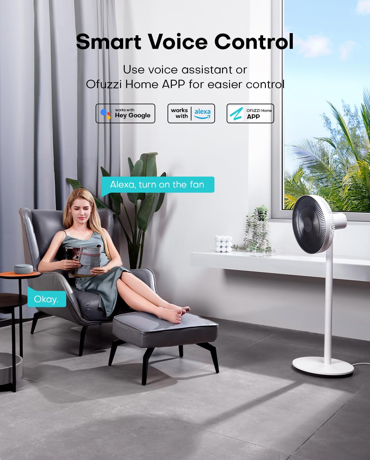 Ofuzzi Breeze 10 Smart Pedestal Fan for Bedroom, Smart Fans works with Alexa/Google, 27db Pedestal Fan for Indoors, 100 Speeds, 140° Oscillating Fan, 46ft Vented Portable Stand Fan for Quiet Spaces