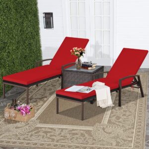 RELAX4LIFE Outdoor Chaise Lounge Chair - 5-Position Adjustable Rattan Pool Chair w/Cushion, Recliner Chair, Metal Frame, Reclining Wicker Lounger for Balcony, Beach, Patio Lounge Chair (Red)