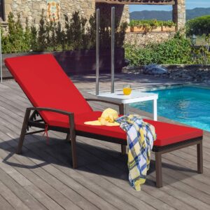 RELAX4LIFE Outdoor Chaise Lounge Chair - 5-Position Adjustable Rattan Pool Chair w/Cushion, Recliner Chair, Metal Frame, Reclining Wicker Lounger for Balcony, Beach, Patio Lounge Chair (Red)