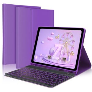 for ipad air 4th 5th generation case with keyboard,7-color backlit detachable smart folio keyboard cover with pencil holder,soft tpu back cover keyboard for ipad pro 11" / ipad air 4/5th 10.9",purple