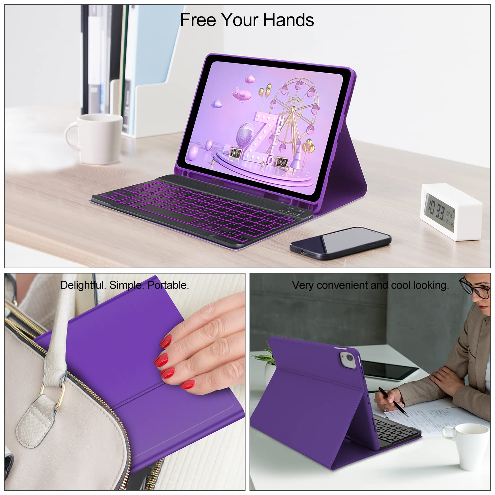 for iPad Air 4th 5th Generation Case with Keyboard,7-Color Backlit Detachable Smart Folio Keyboard Cover with Pencil Holder,Soft TPU Back Cover Keyboard for iPad Pro 11" / iPad Air 4/5th 10.9",Purple