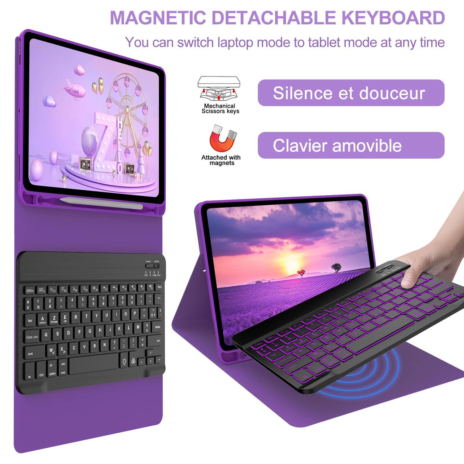 for iPad Air 4th 5th Generation Case with Keyboard,7-Color Backlit Detachable Smart Folio Keyboard Cover with Pencil Holder,Soft TPU Back Cover Keyboard for iPad Pro 11" / iPad Air 4/5th 10.9",Purple