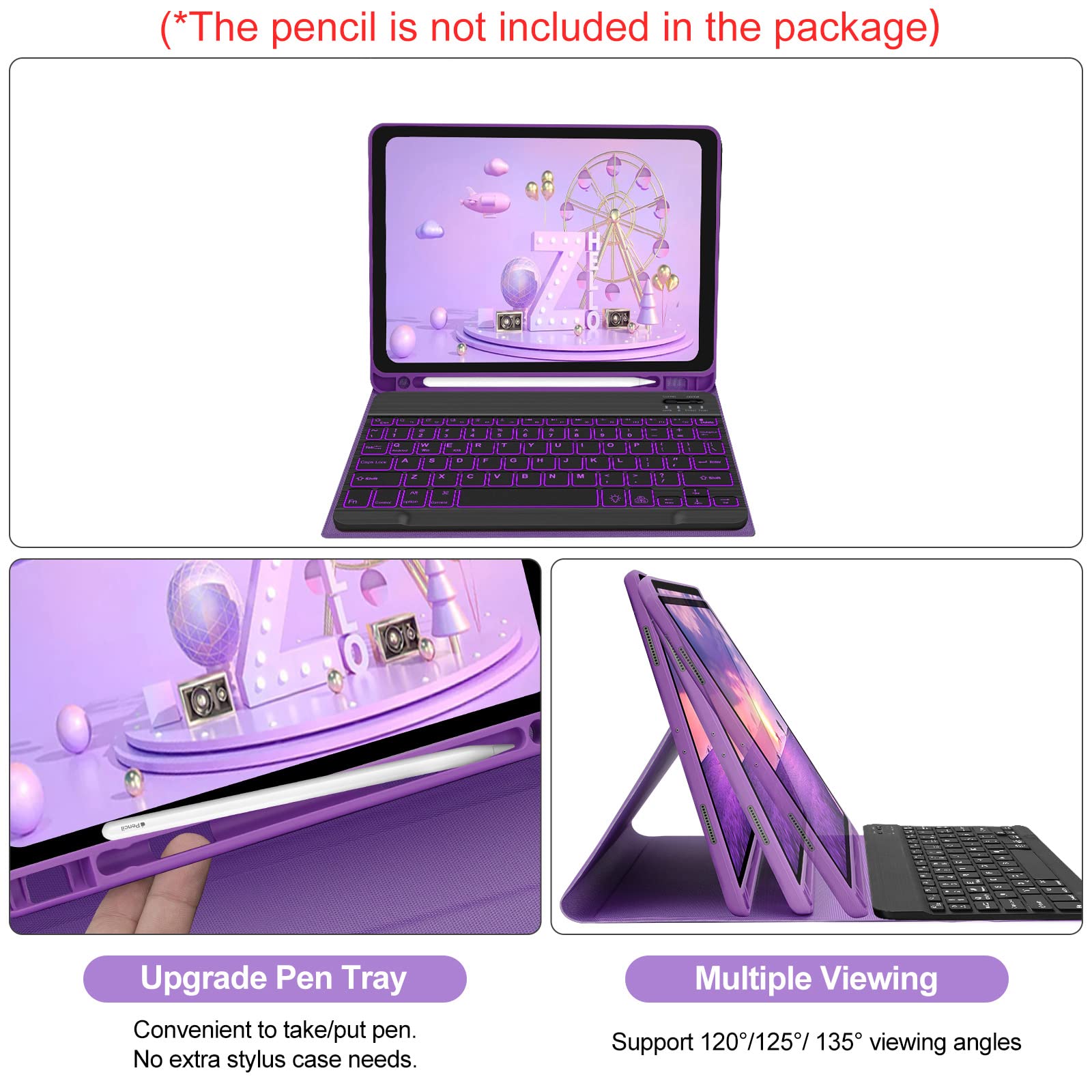 for iPad Air 4th 5th Generation Case with Keyboard,7-Color Backlit Detachable Smart Folio Keyboard Cover with Pencil Holder,Soft TPU Back Cover Keyboard for iPad Pro 11" / iPad Air 4/5th 10.9",Purple