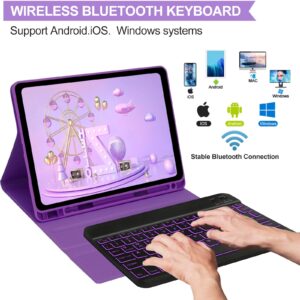 for iPad Air 4th 5th Generation Case with Keyboard,7-Color Backlit Detachable Smart Folio Keyboard Cover with Pencil Holder,Soft TPU Back Cover Keyboard for iPad Pro 11" / iPad Air 4/5th 10.9",Purple