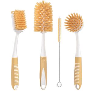 dish brush set of 4 with bottle water brush, dish scrub brush, scrubber brush and straw brush - kitchen scrub brushes ergonomic non slip long handle for cleaning cleaner wash dish sink dishes cup pot