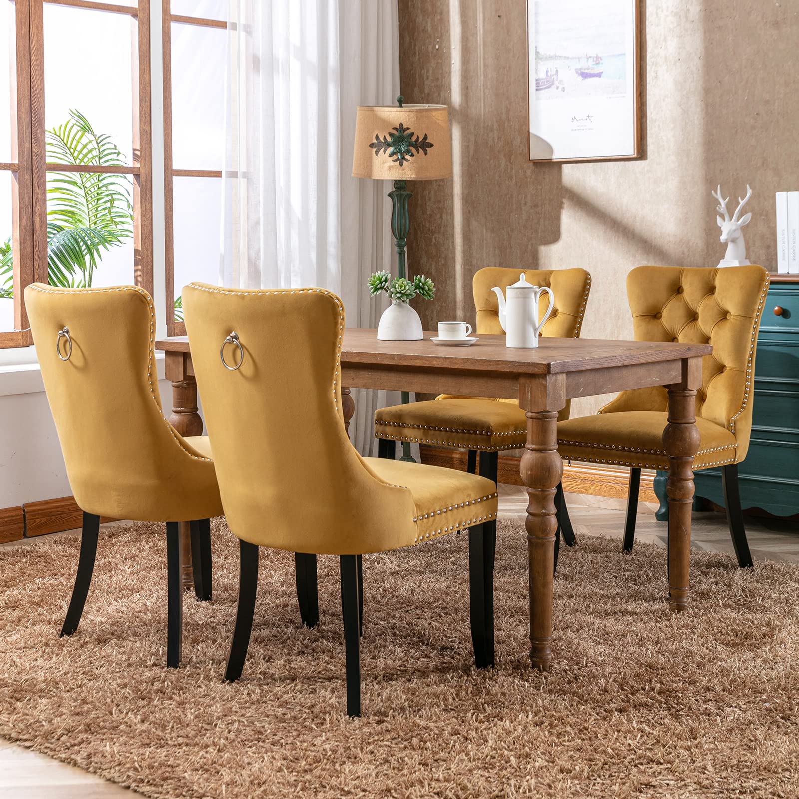 ODUSE-DAILY Gold Velvet Dining Chairs Set of 4, Kitchen & Dining Room Chairs Set of 4, Tufted Dining Chairs, Velvet Upholstered Dining Chairs, Solid Wood Frame (Golden Yellow, 4 Pcs)