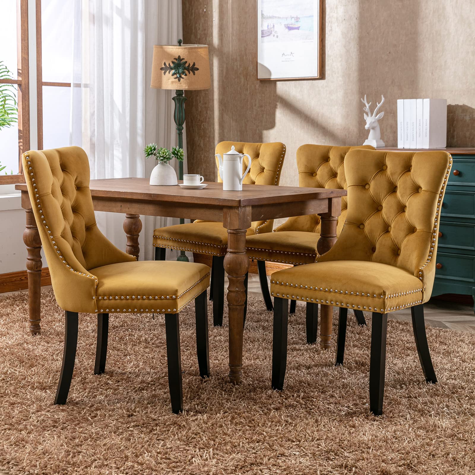 ODUSE-DAILY Gold Velvet Dining Chairs Set of 4, Kitchen & Dining Room Chairs Set of 4, Tufted Dining Chairs, Velvet Upholstered Dining Chairs, Solid Wood Frame (Golden Yellow, 4 Pcs)