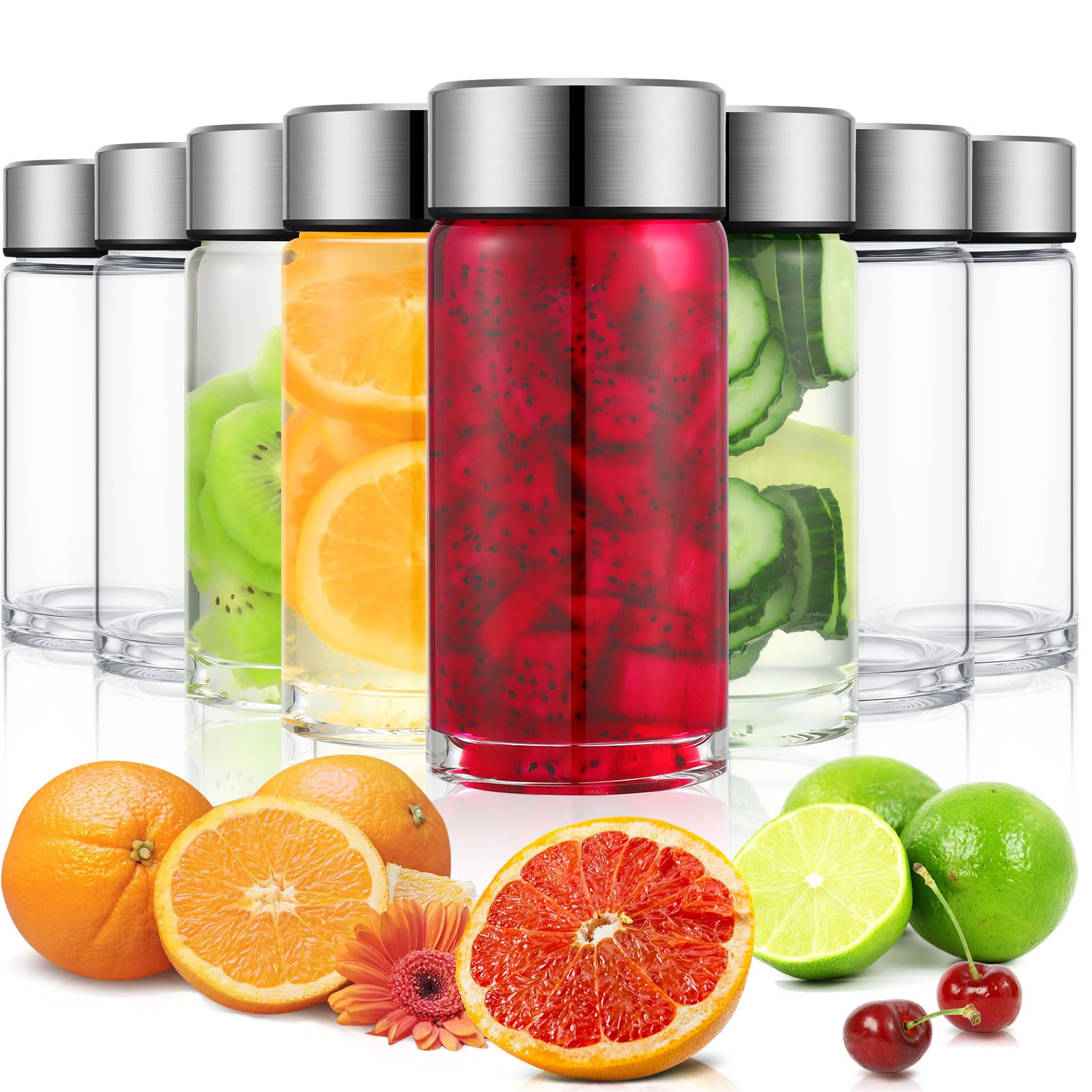 8 Pcs Wide Mouth Glass Water Bottles Reusable Glass Bottles with Lids Leakproof Juice Jars with Lids for Fridge Milk Juicing Smoothies Infused Water Beverage Kombucha Tea Drinking (Silver,10 oz)