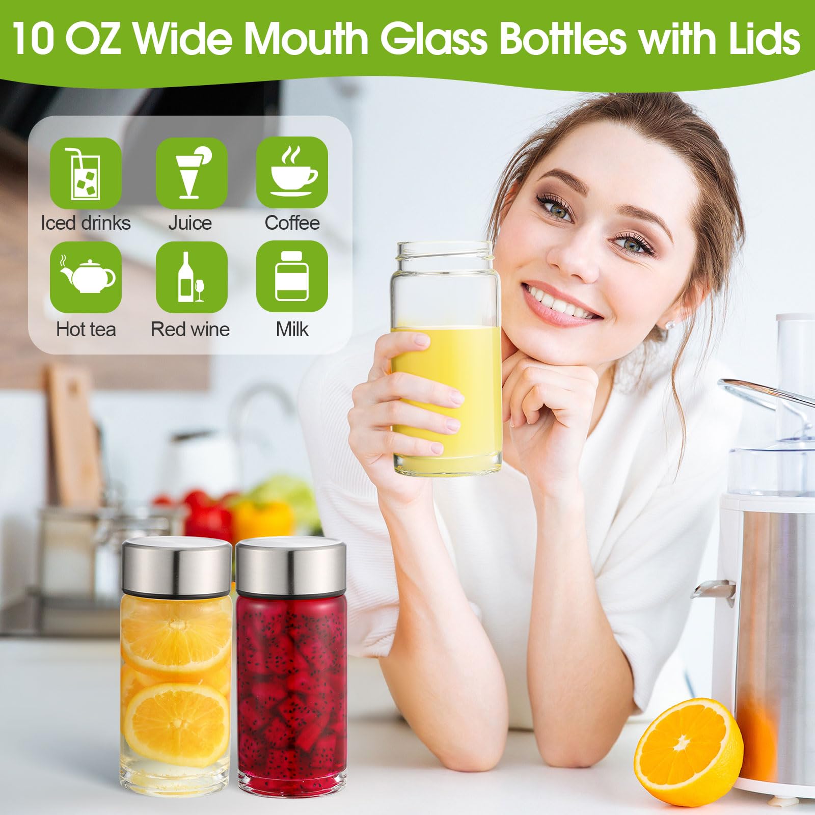 8 Pcs Wide Mouth Glass Water Bottles Reusable Glass Bottles with Lids Leakproof Juice Jars with Lids for Fridge Milk Juicing Smoothies Infused Water Beverage Kombucha Tea Drinking (Silver,10 oz)