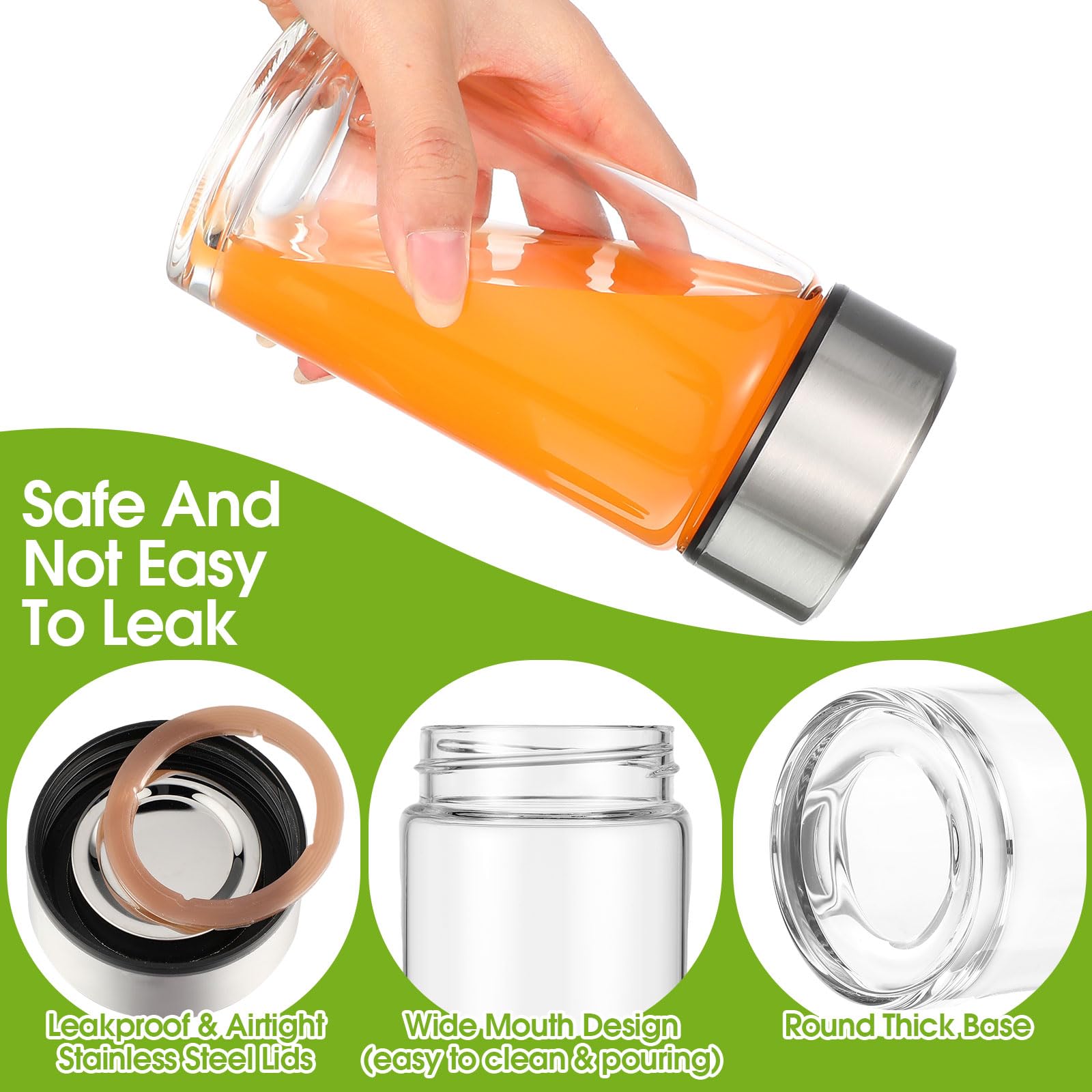 8 Pcs Wide Mouth Glass Water Bottles Reusable Glass Bottles with Lids Leakproof Juice Jars with Lids for Fridge Milk Juicing Smoothies Infused Water Beverage Kombucha Tea Drinking (Silver,10 oz)