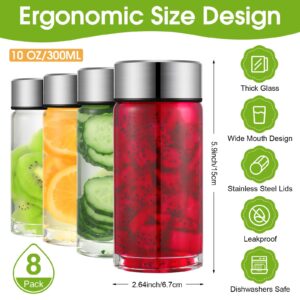 8 Pcs Wide Mouth Glass Water Bottles Reusable Glass Bottles with Lids Leakproof Juice Jars with Lids for Fridge Milk Juicing Smoothies Infused Water Beverage Kombucha Tea Drinking (Silver,10 oz)