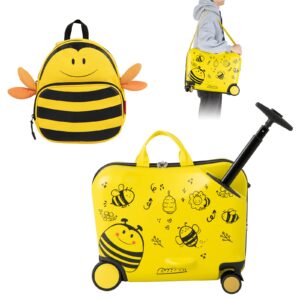 goplus 2 pcs kid luggage, 18” ride on suitcase w/spinner wheels, 12” backpack w/anti-lost rope, carry strap, sit on rolling carry on luggage set for girls boys travel (yellow bee)